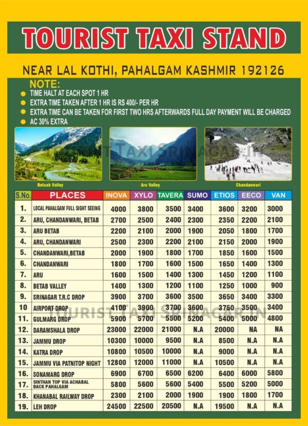 Taxi rates in Srinagar - 2026